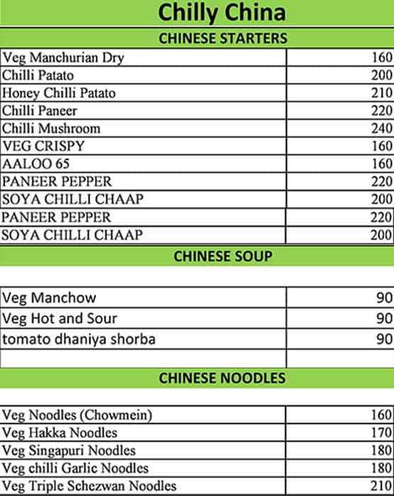Menu of Chilly China, Malad West, Mumbai