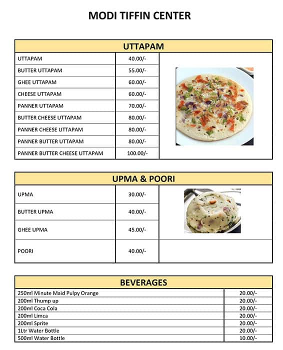 Menu at Modhi Ji Tiffin Centre, Hyderabad