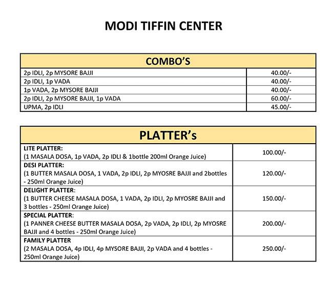 Menu at Modhi Ji Tiffin Centre, Hyderabad