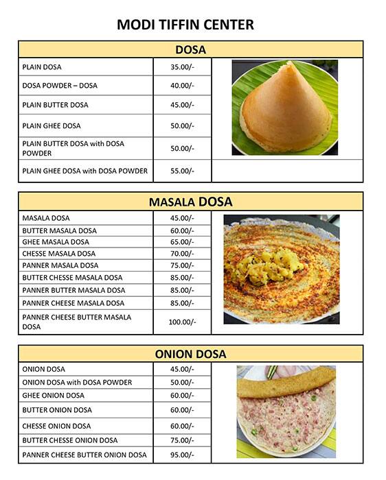 Menu at Modhi Ji Tiffin Centre, Hyderabad