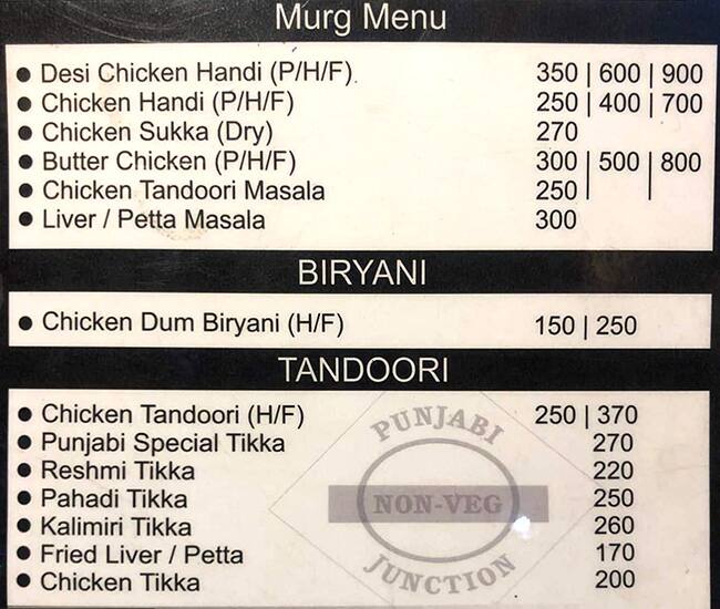 Menu of Punjabi Junction, Mira Road, Mumbai