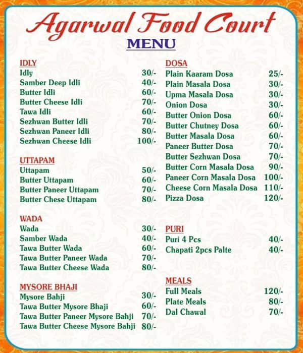 Menu of Agarwal Food Court, Begum Bazaar, Hyderabad
