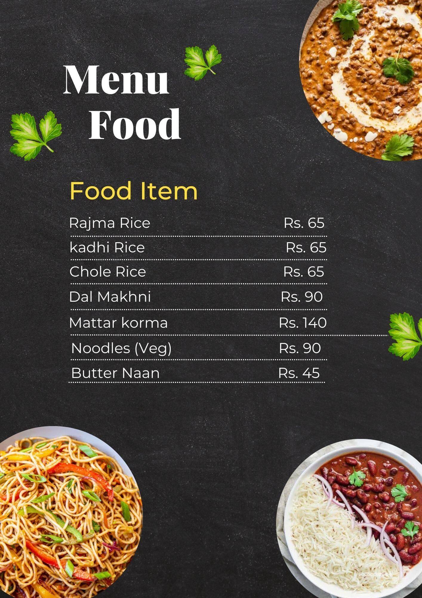 Menu of Budget Meals, Moti Nagar, New Delhi