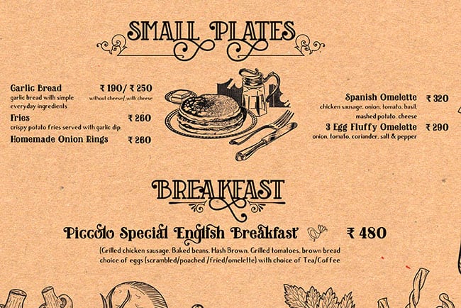 Menu at Café De Piccolo, Dehradun, 180
