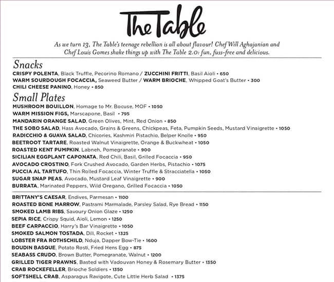 Menu of The Table, Colaba, Mumbai