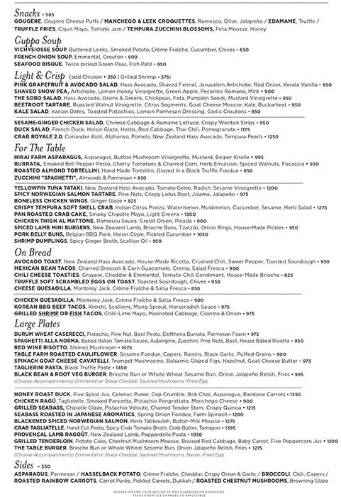 Menu of The Table, Nariman Point, Mumbai