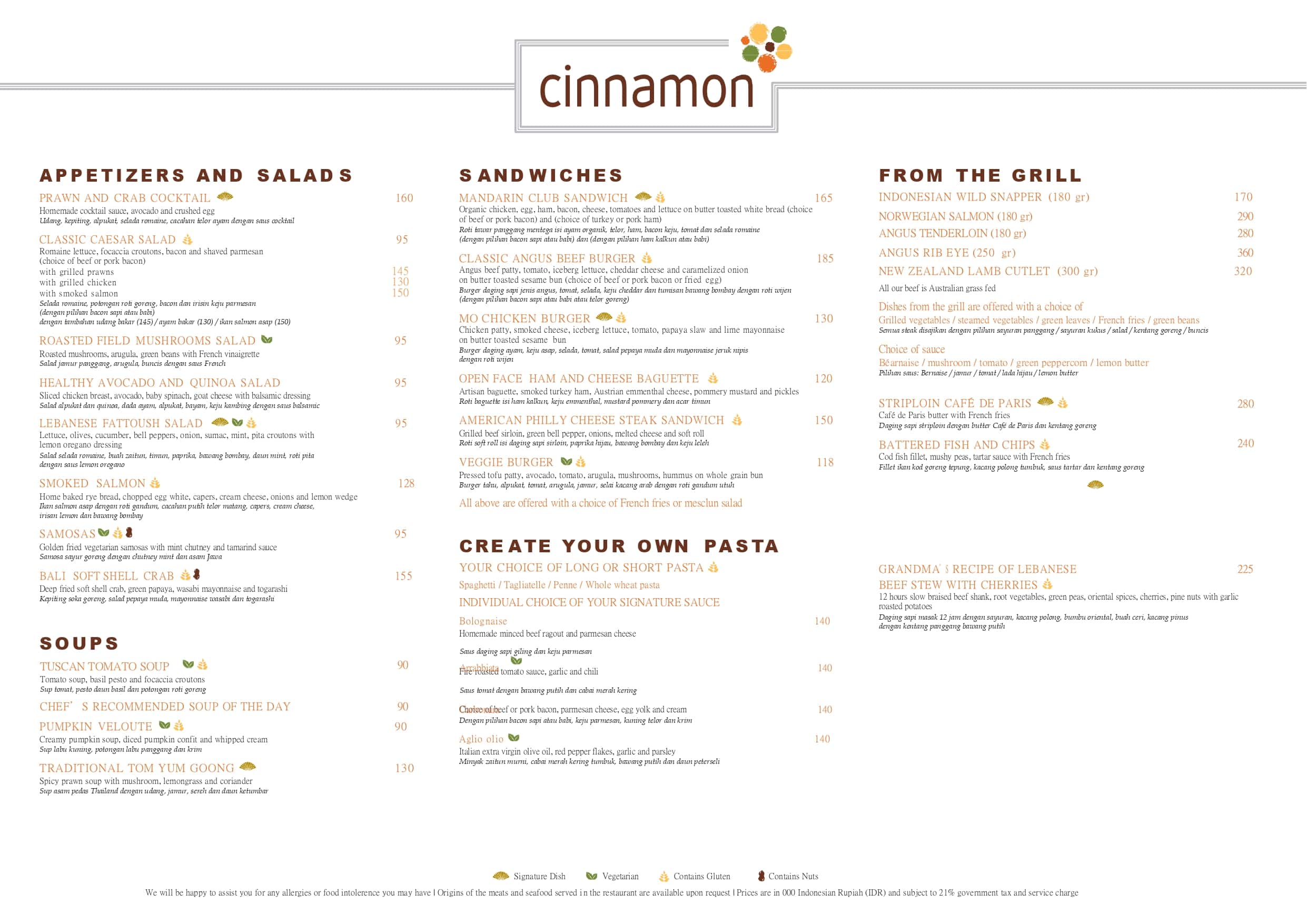 Menu at Cinnamon restaurant, Jakarta, Jl. MH Thamrin No.1