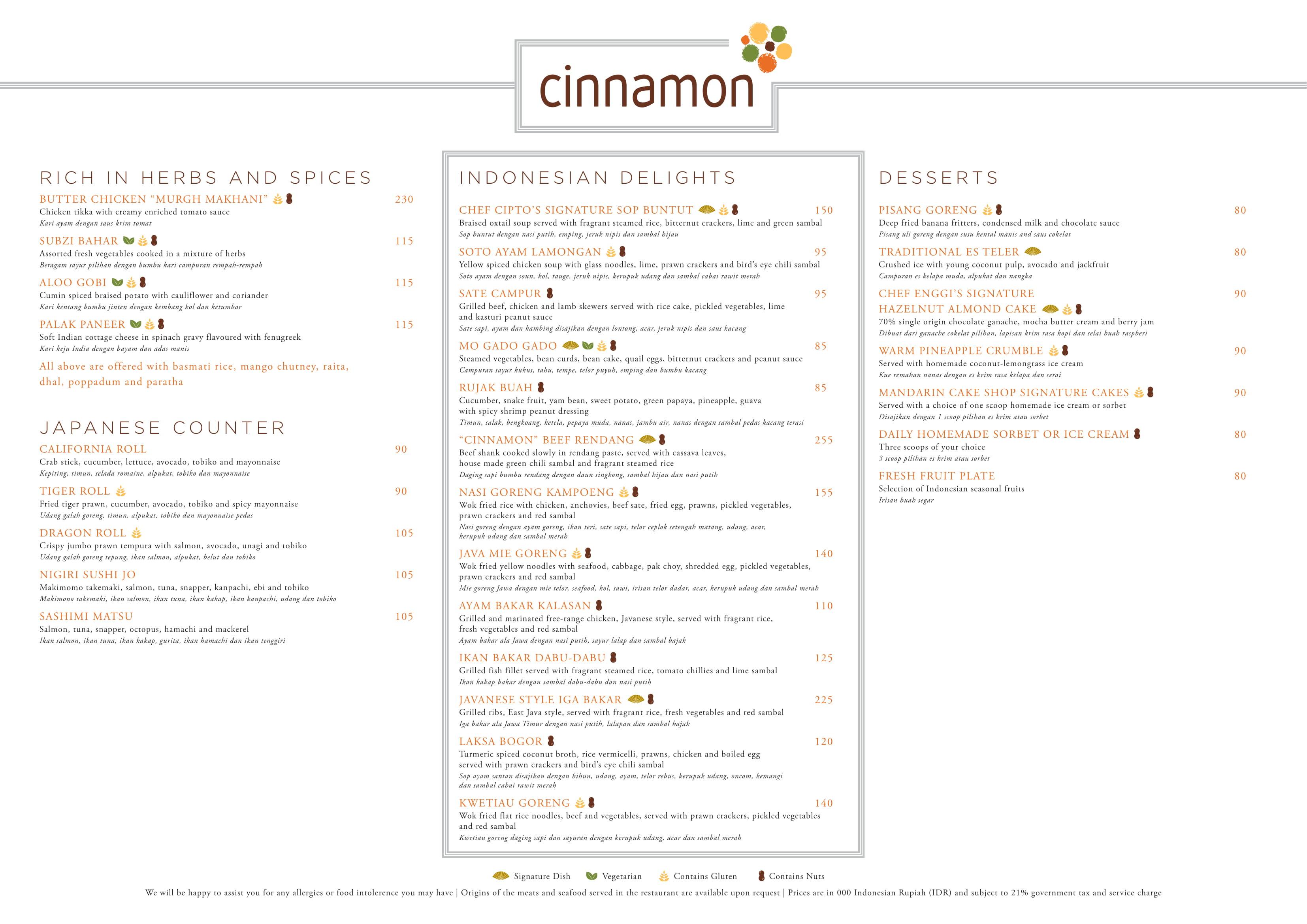 Menu at Cinnamon restaurant, Jakarta, Jl. MH Thamrin No.1