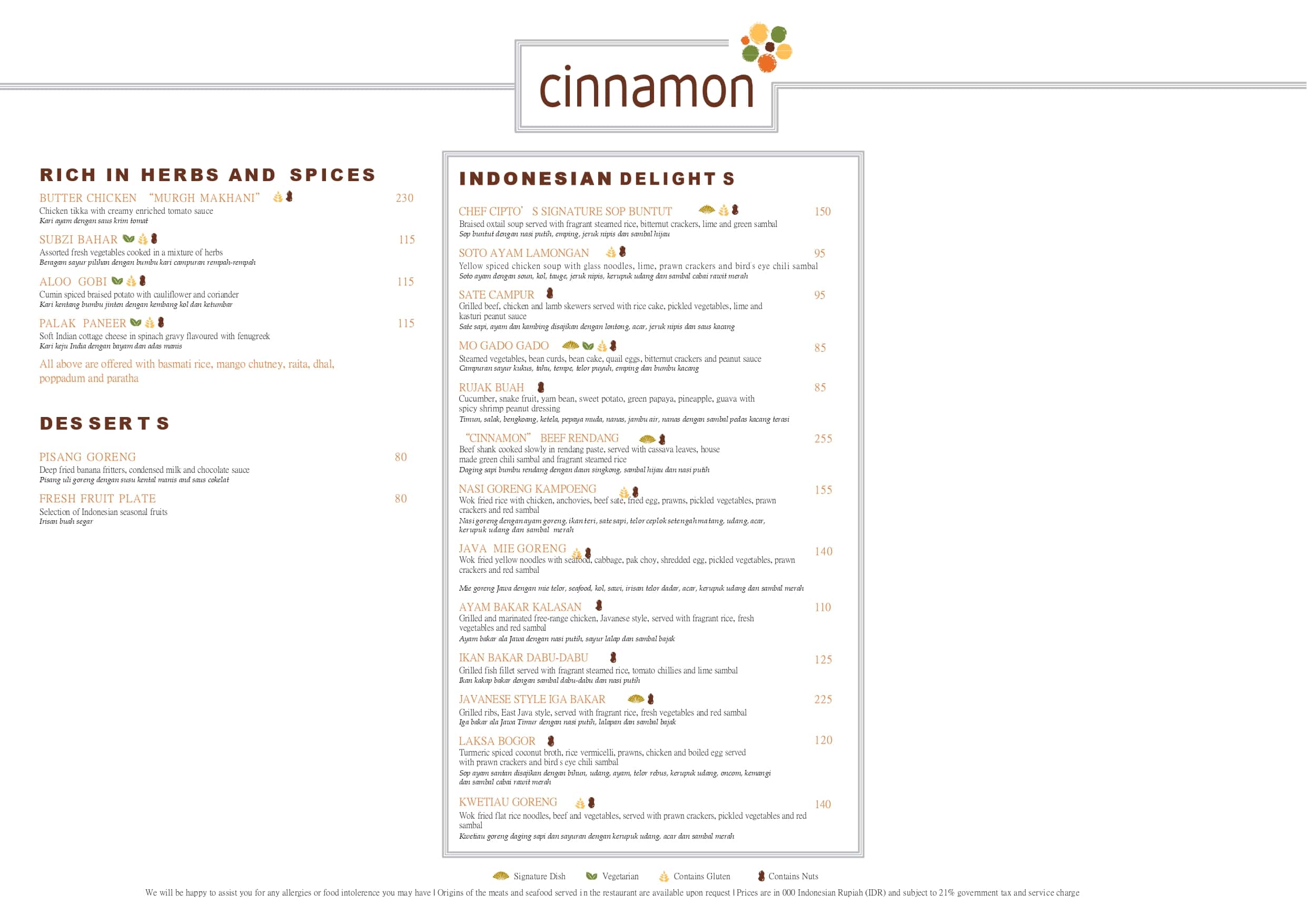 Menu at Cinnamon restaurant, Jakarta, Jl. MH Thamrin No.1