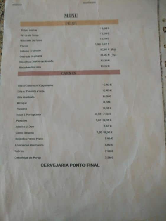 Menu at Cervejaria Ponto Final restaurant, Cascais