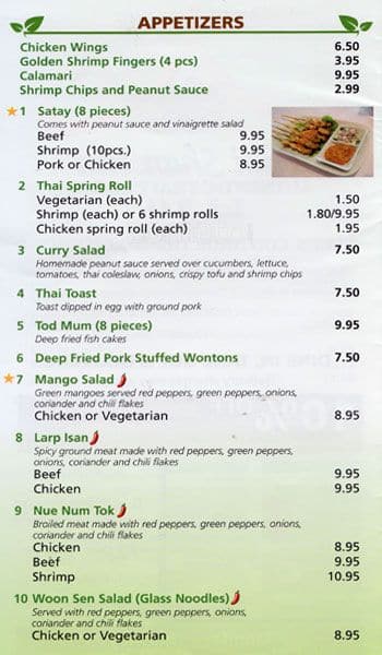Menu at Thai Shan Inn restaurant, Toronto
