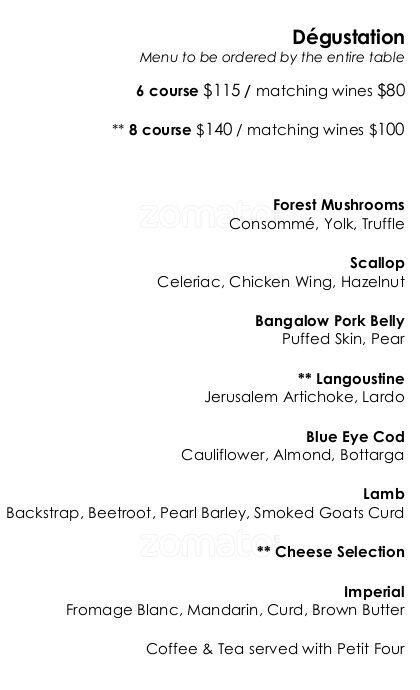 Menu at Privé restaurant, Brisbane City, Sofitel Brisbane Central