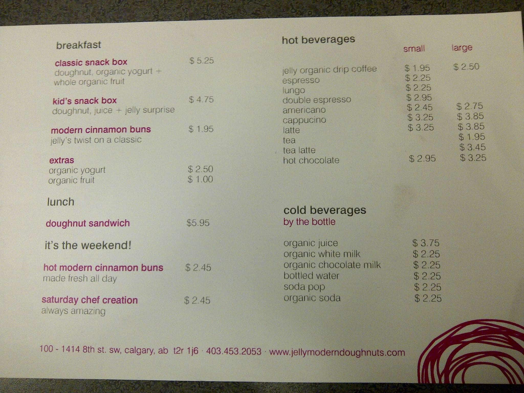 Menu at Jelly Modern Doughnuts restaurant, Calgary, 8 St SW