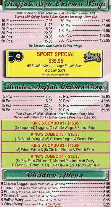 Carta del restaurante King of Wings, Filadelfia, S Woodstock St