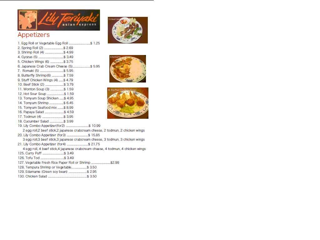 Menu at Lily Teriyaki restaurant, Columbus