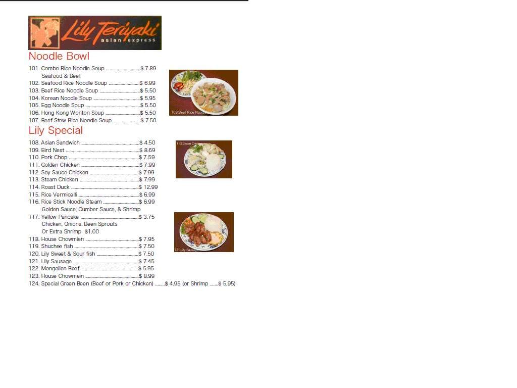 Menu at Lily Teriyaki restaurant, Columbus
