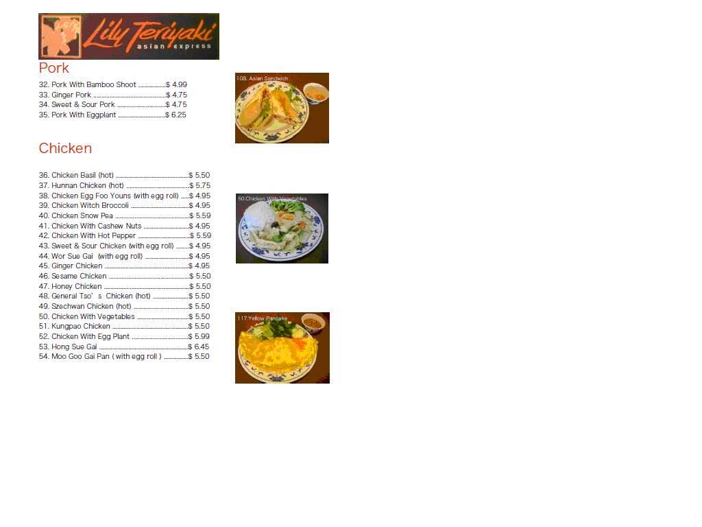 Menu at Lily Teriyaki restaurant, Columbus