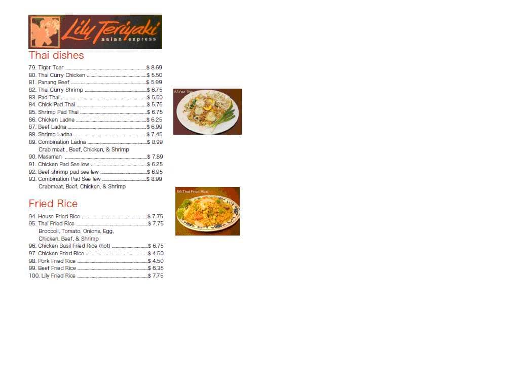 Menu at Lily Teriyaki restaurant, Columbus