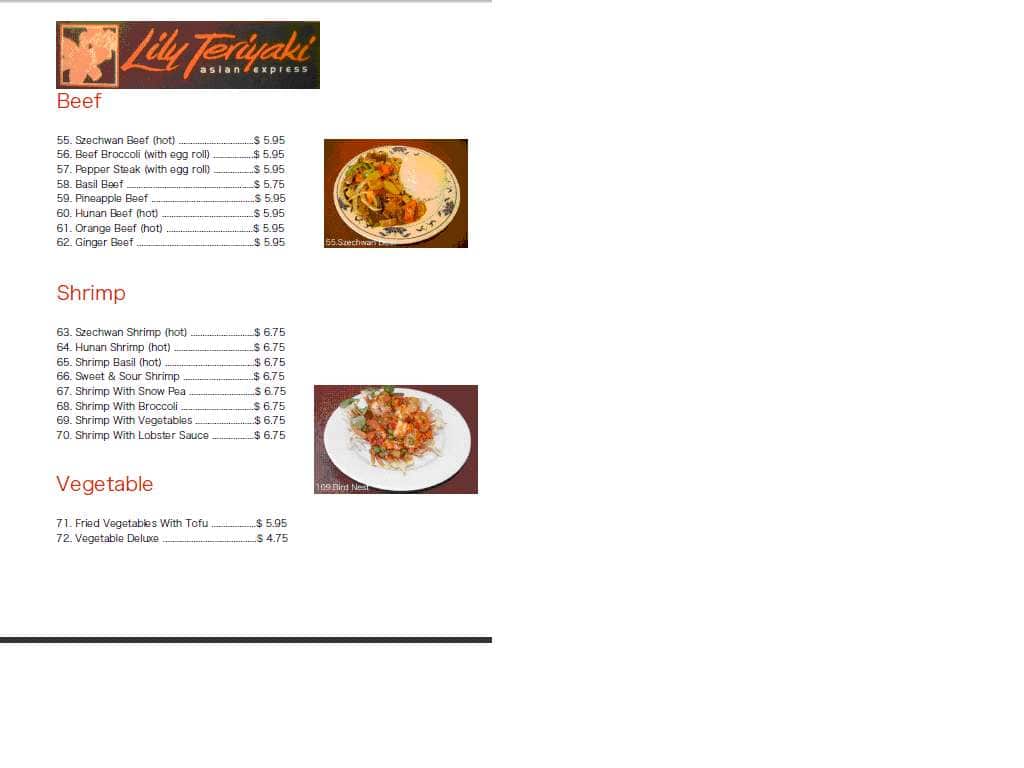 Menu at Lily Teriyaki restaurant, Columbus
