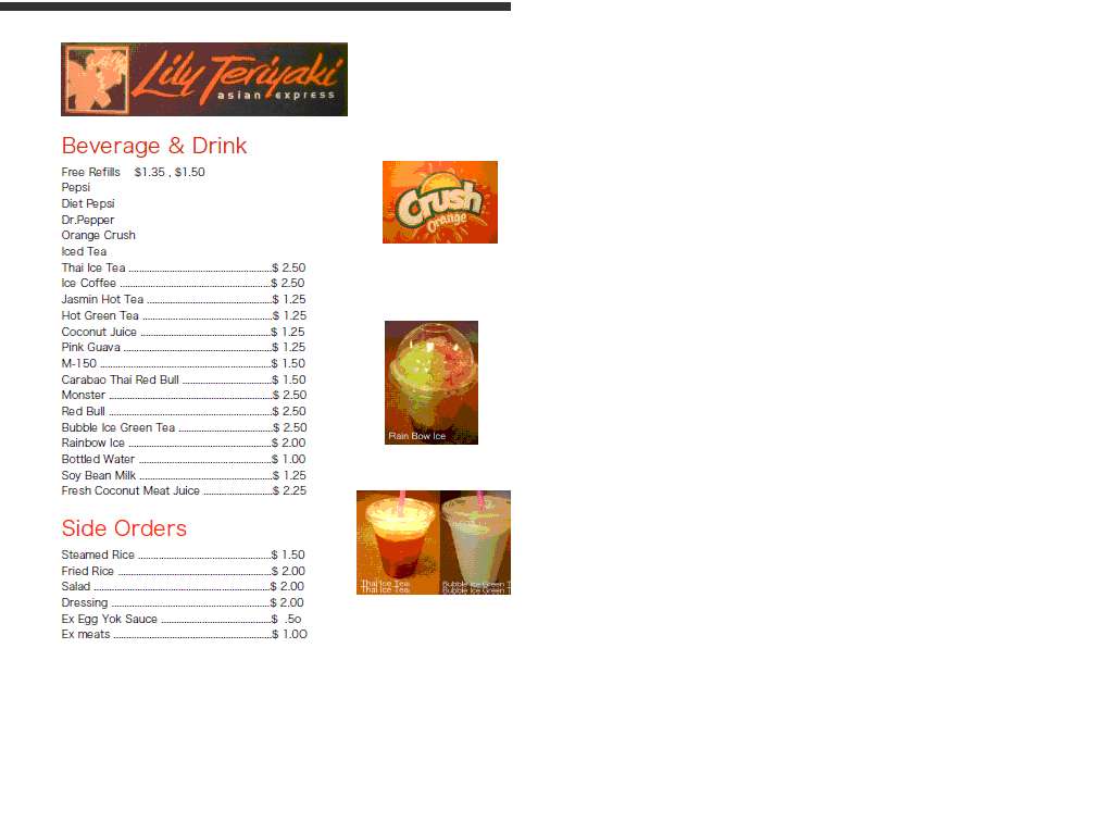 Menu at Lily Teriyaki restaurant, Columbus