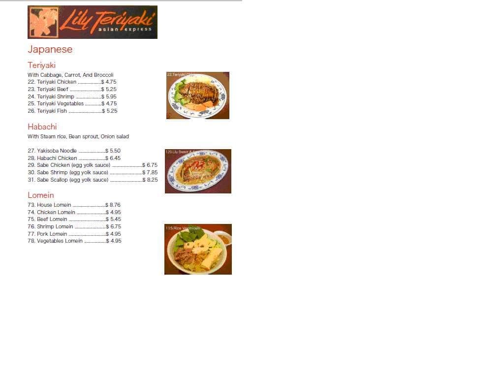 Menu at Lily Teriyaki restaurant, Columbus