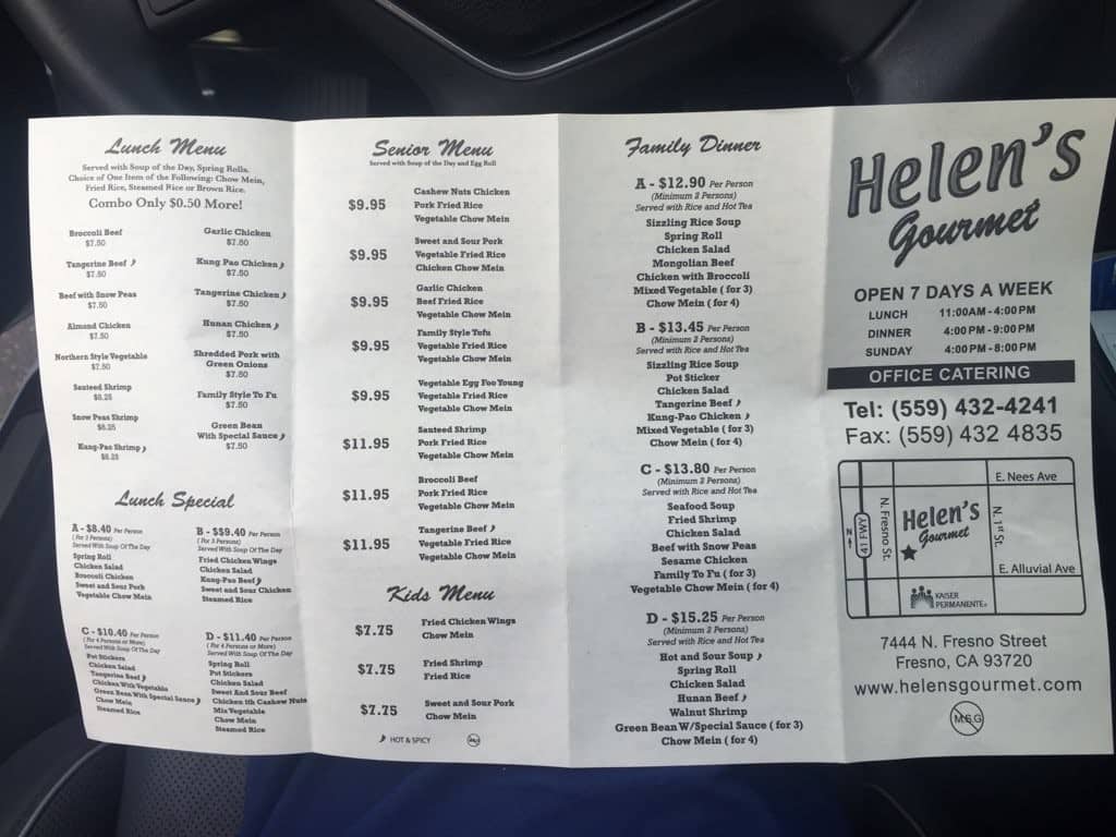 Menu at Helen's Gourmet restaurant, Fresno