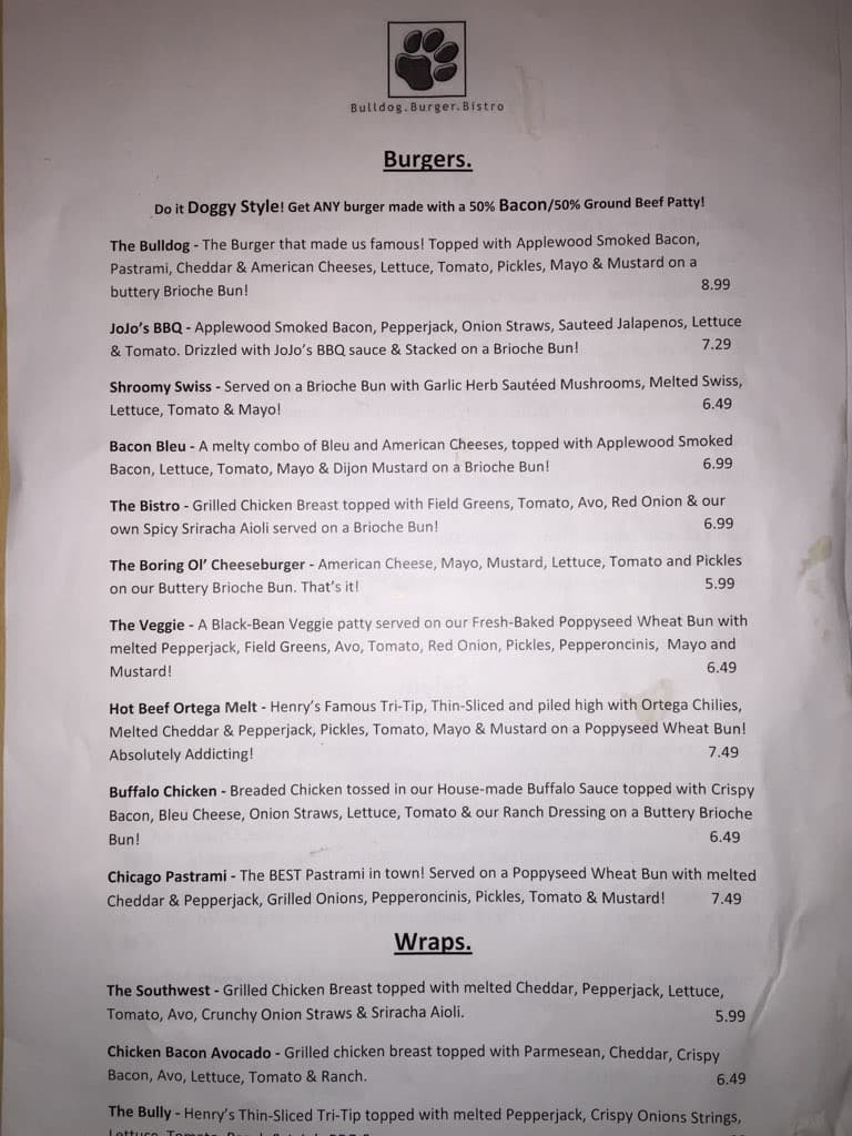 Carta del pub y bar Bulldog Burger Bistro, Fresno