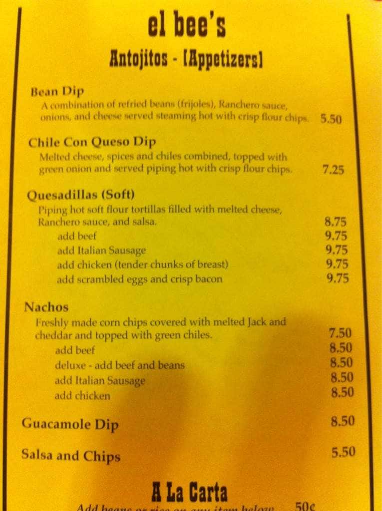 Menu at El Bees restaurant, Omaha, S 144th St