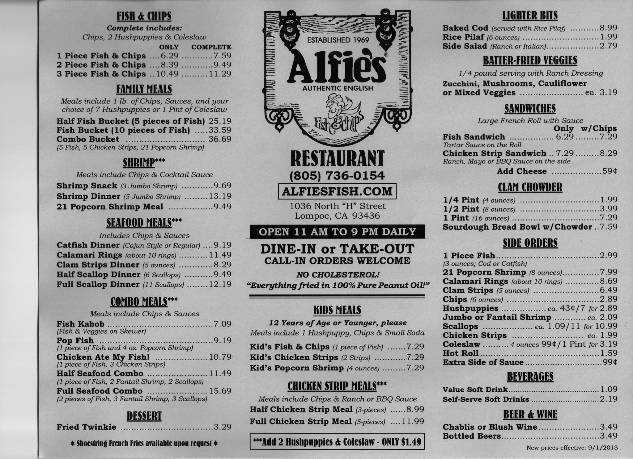 Menu at Alfie's Fish & Chips restaurant, Lompoc
