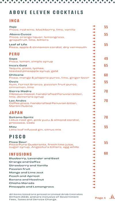 Menu of Above Eleven, Palm Jumeirah, Dubai