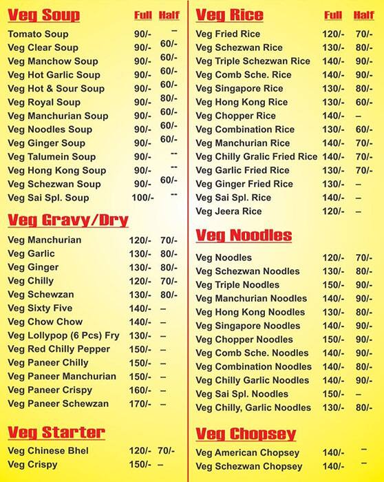 Menu of Sai Family Restaurant, Virar, Mumbai