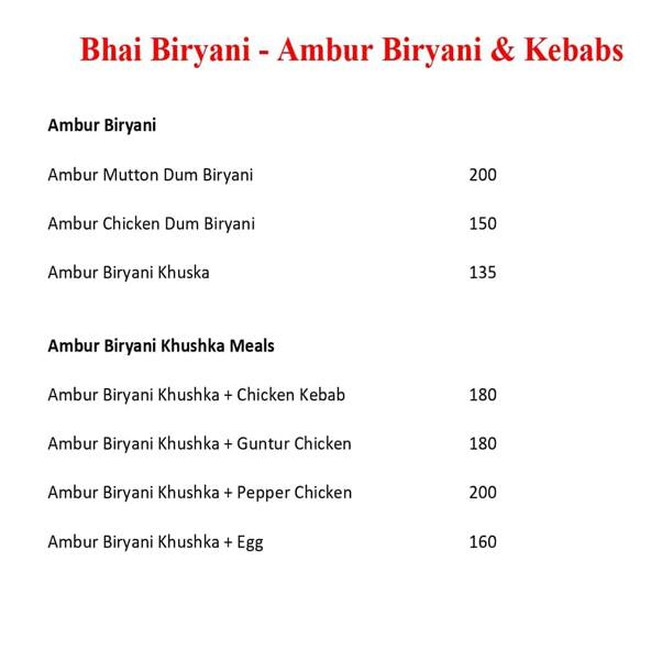Menu of Bhai Biryani - Ambur Biryani & Kebabs, BTM, Bangalore