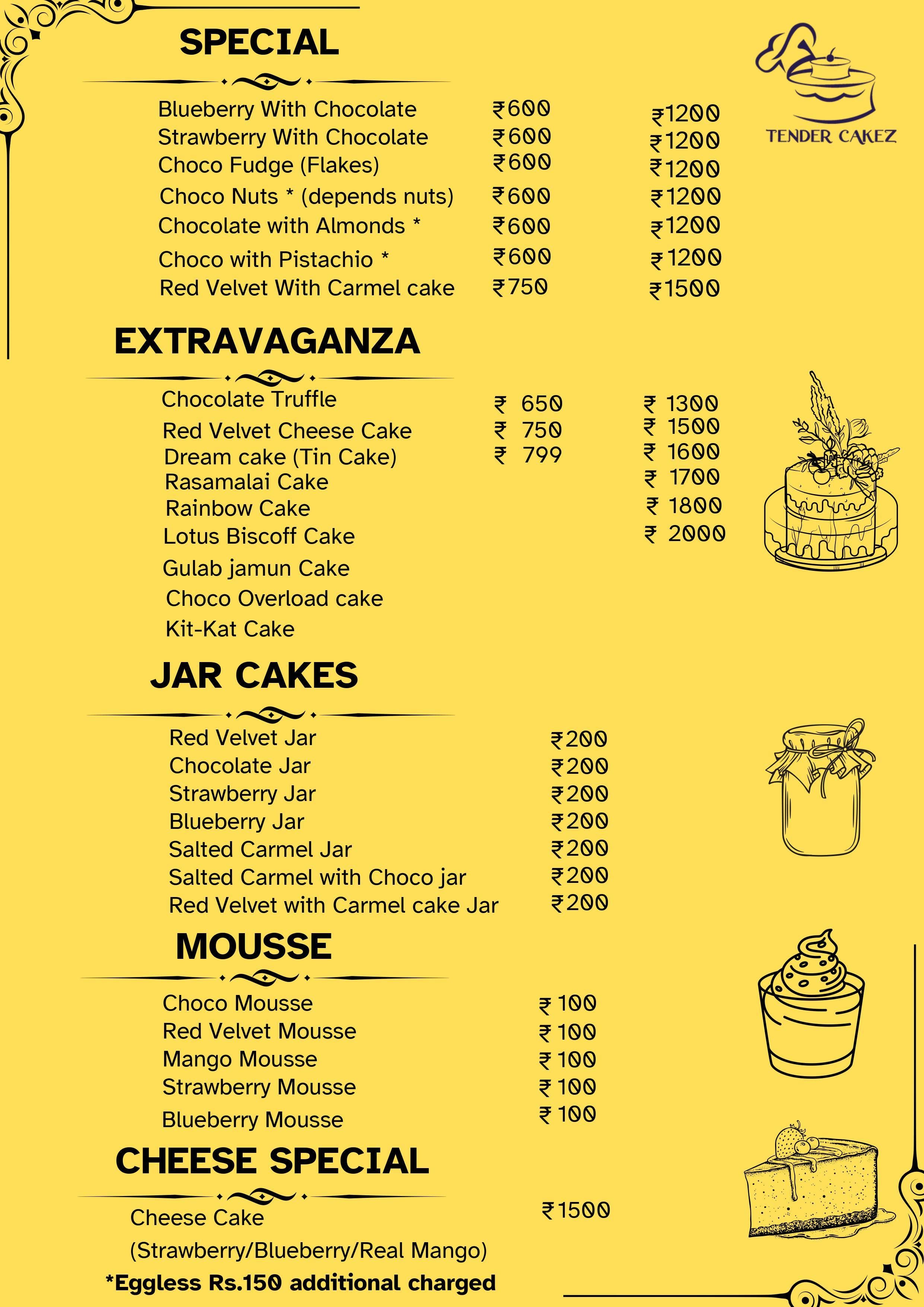 Menu of Tender Cakez, Kilpauk, Chennai