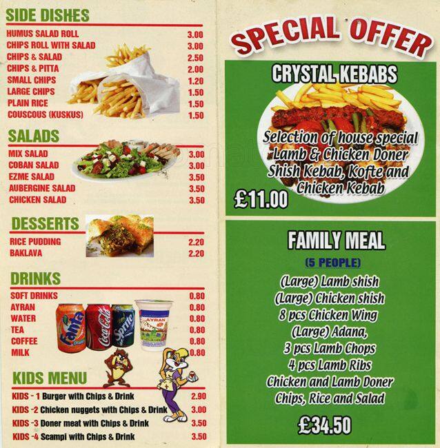 Menu at Crystal pizzeria, London, 528 Holloway Road