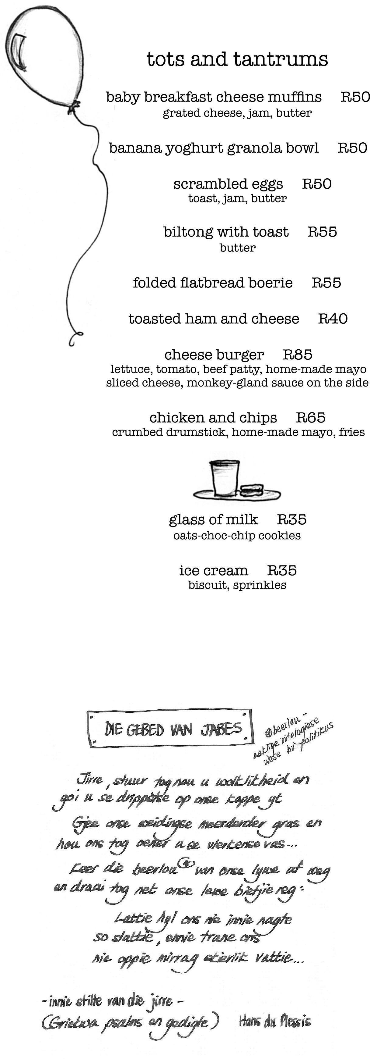 Menu at Afro-Boer cafe, Pretoria