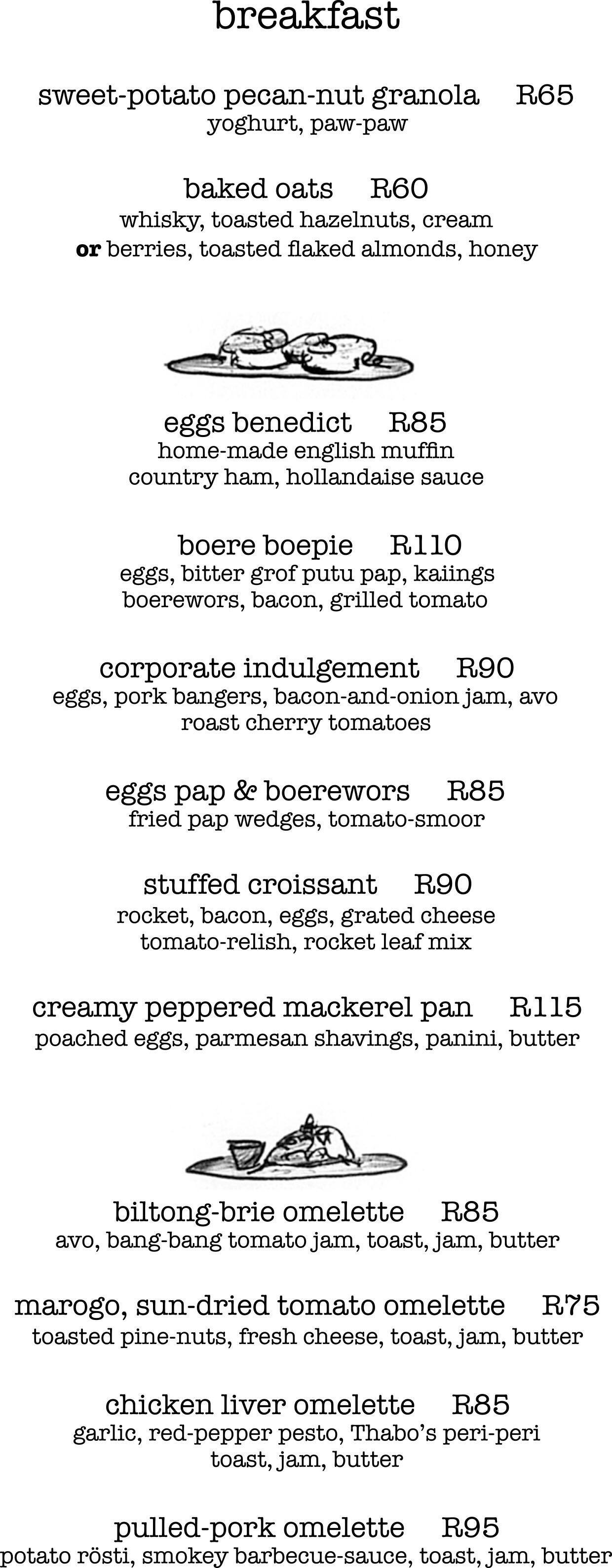 Carta del restaurante afro-boer, Pretoria