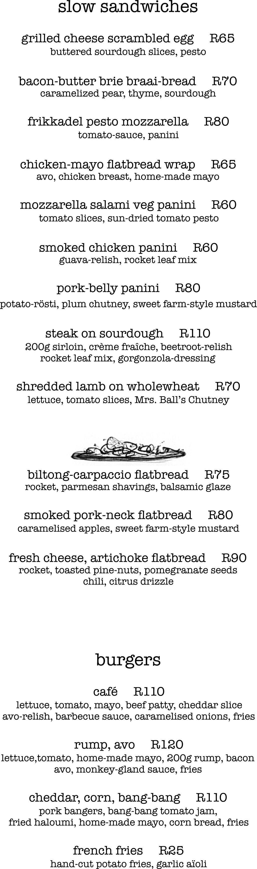 Carta del restaurante afro-boer, Pretoria