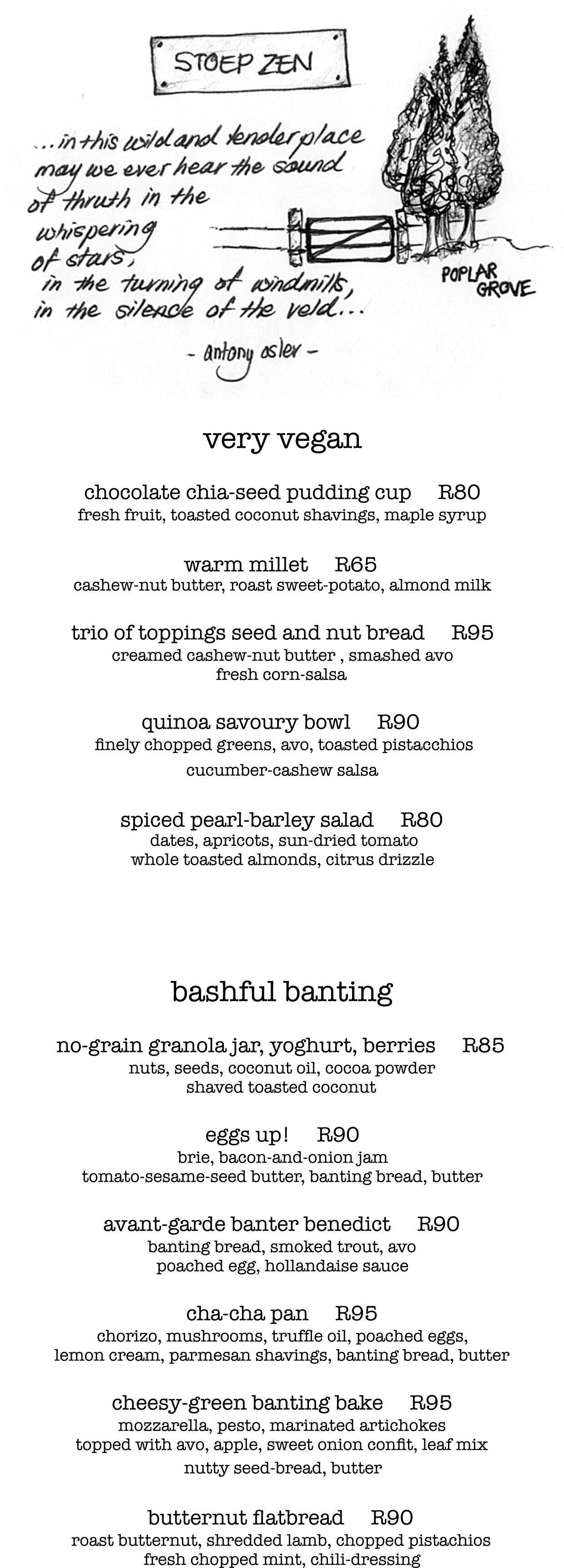 Carta del restaurante afro-boer, Pretoria