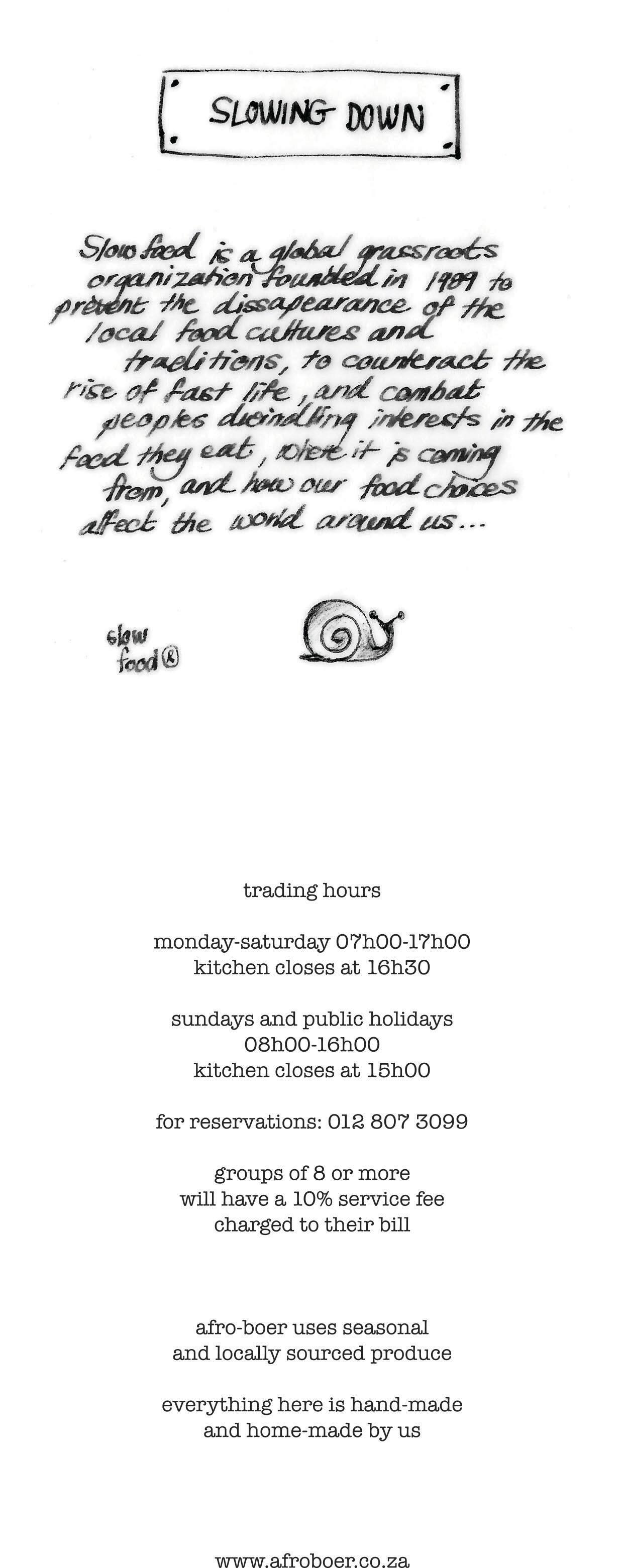 Menu at Afro-Boer cafe, Pretoria