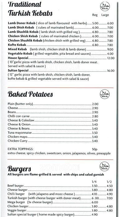 Menu at Sultan pizzeria, Edinburgh