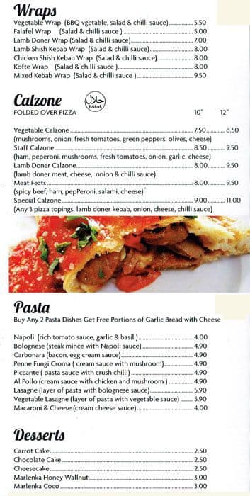 Menu at Sultan pizzeria, Edinburgh