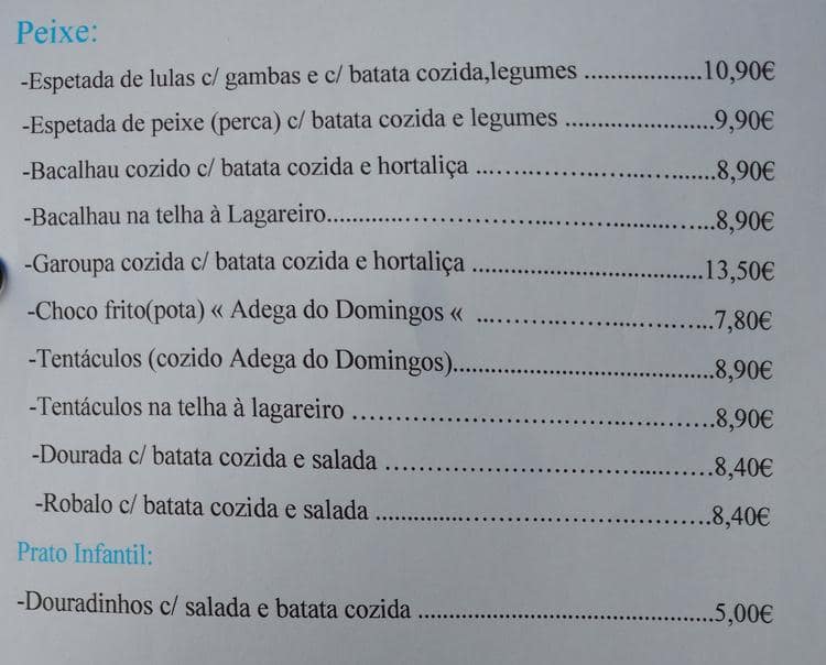 Menu at Adega do Domingos BBQ, Lisbon