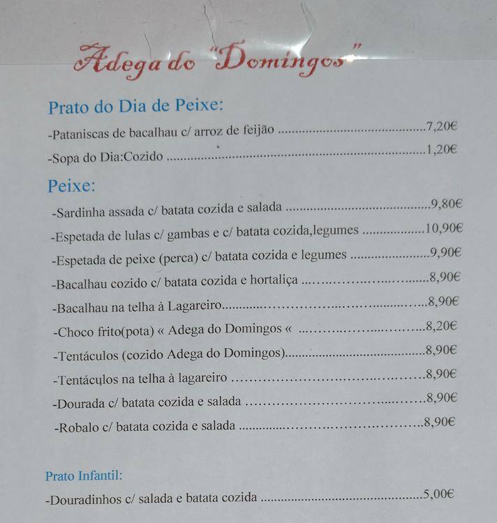 Menu at Adega do Domingos BBQ, Lisbon