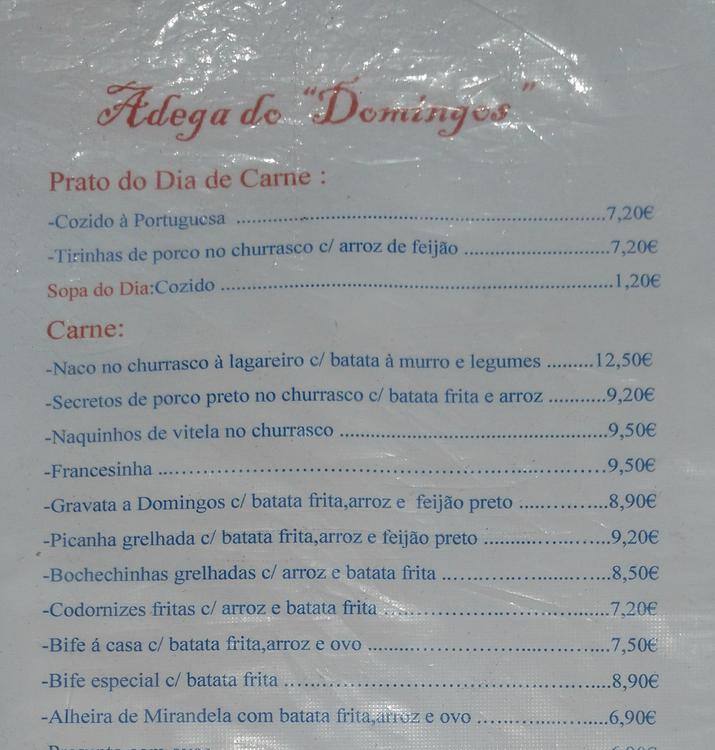 Menu at Adega do Domingos BBQ, Lisbon