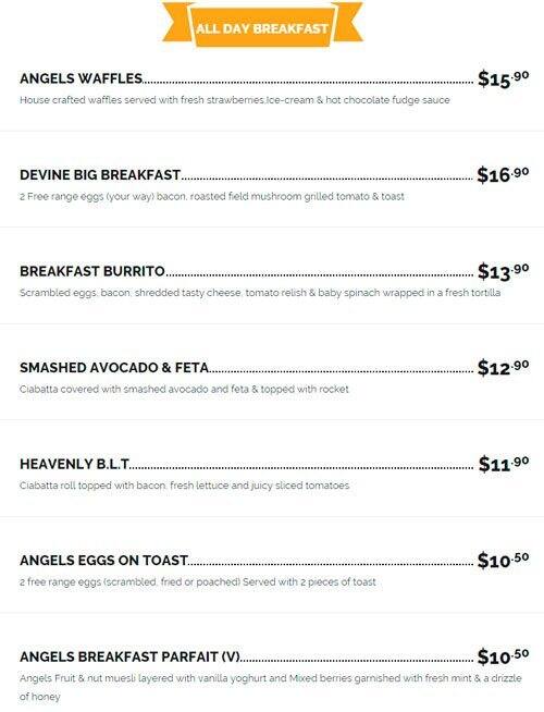 Menu at Angels Cafe, Glen Osmond