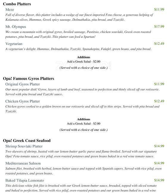 Menu at Opa! Greek Taverna restaurant, Rowlett