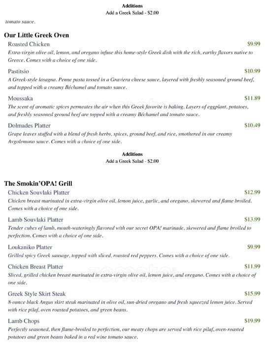 Menu at Opa! Greek Taverna restaurant, Rowlett