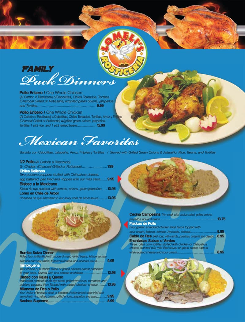 Menu at Lomeli's Rosticeria restaurant, Round Lake Beach, N Cedar Lake Rd