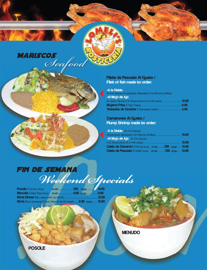 Menu at Lomeli's Rosticeria restaurant, Round Lake Beach, N Cedar Lake Rd