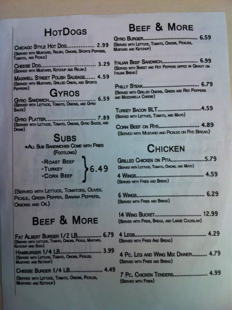 Menu at Fat Albert's restaurant, Jackson